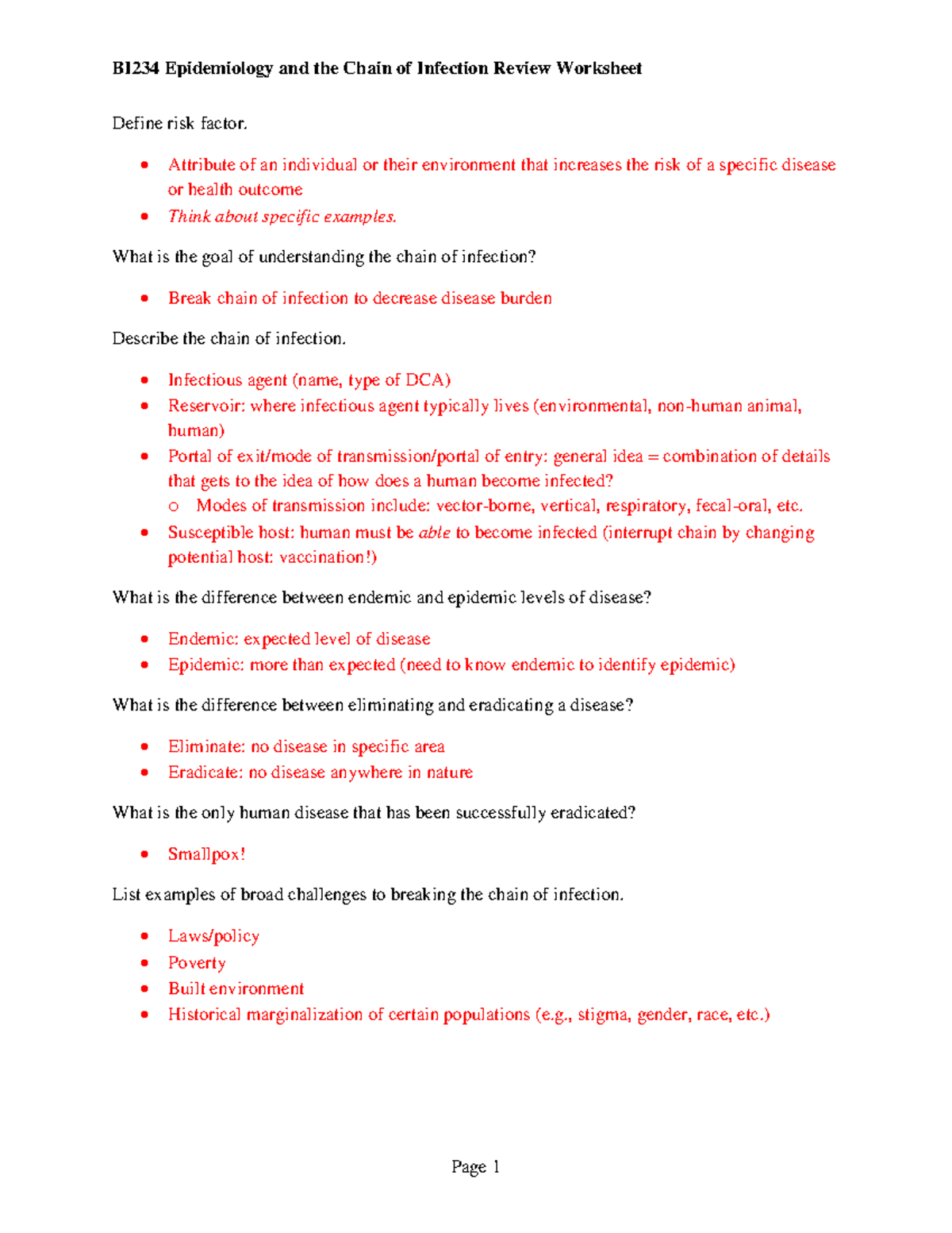BI234 Epidemiology Review Worksheet - Key - BI234 Epidemiology and the ...