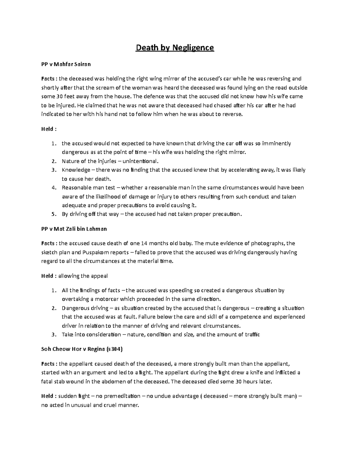 Criminal Notes on Death by Negligence - Death Negligence PP v Mahfar ...
