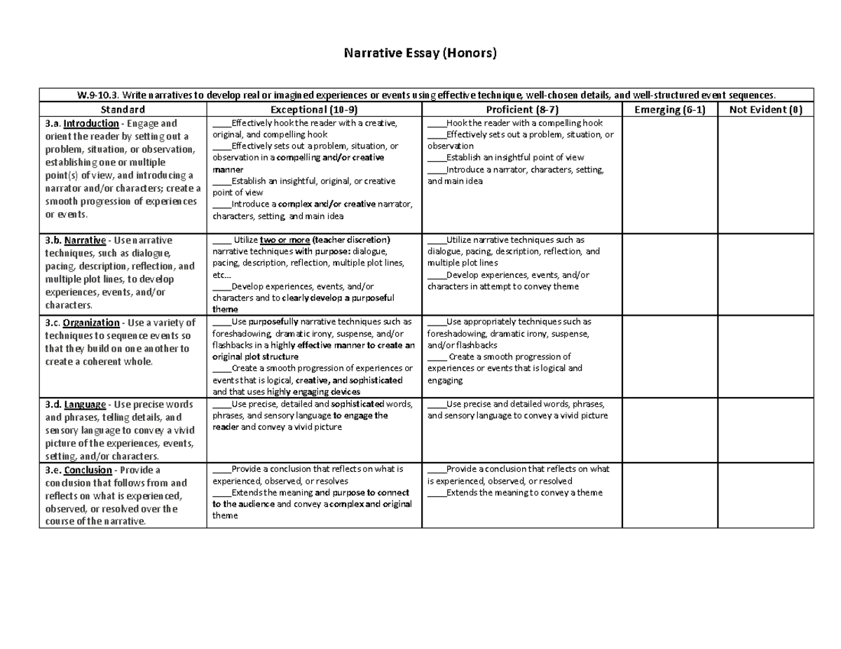 Narrative-essay-rubrics - Narrative Essay (Honors) W.9-10. Write ...