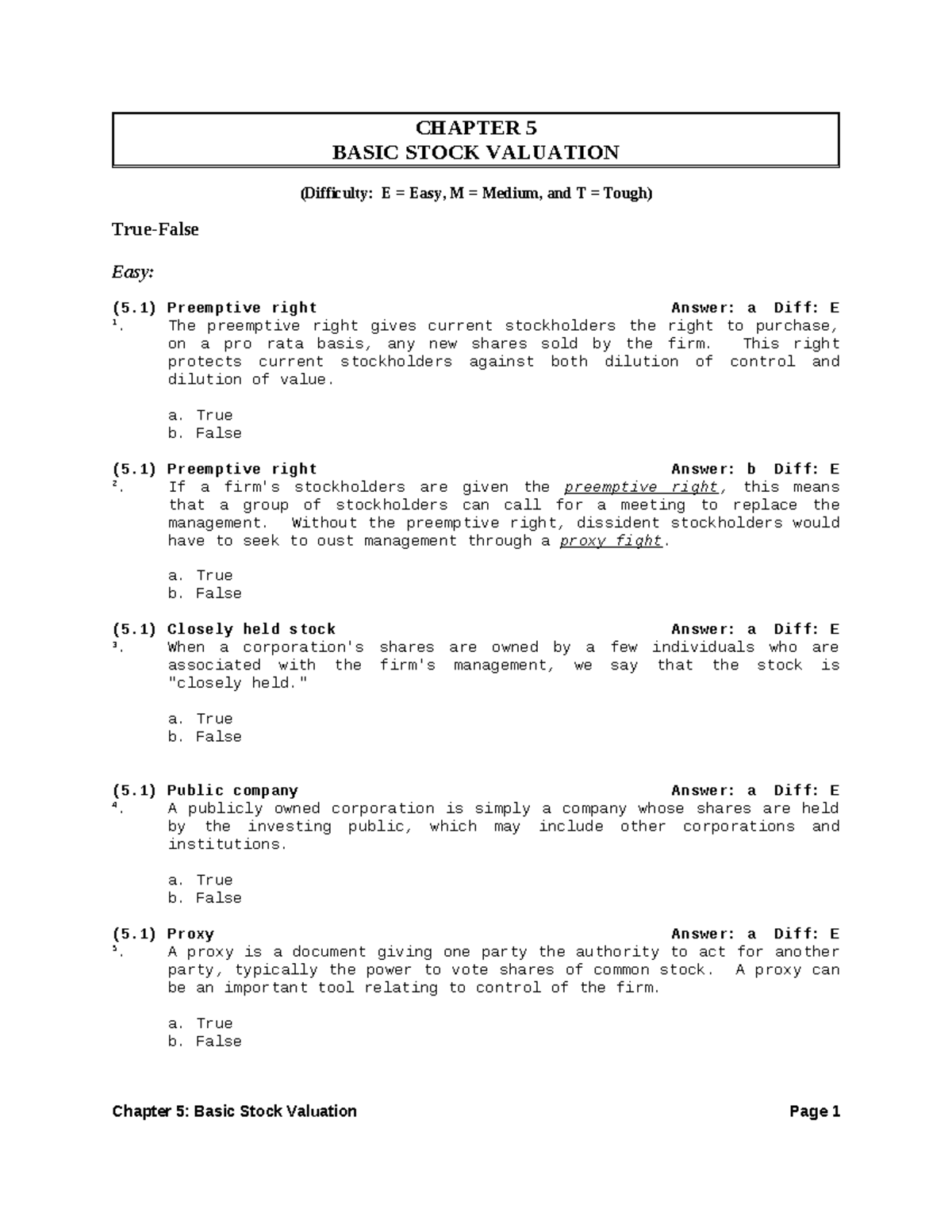 Test bank - practice bank - CHAPTER 5 BASIC STOCK VALUATION (Difficulty ...