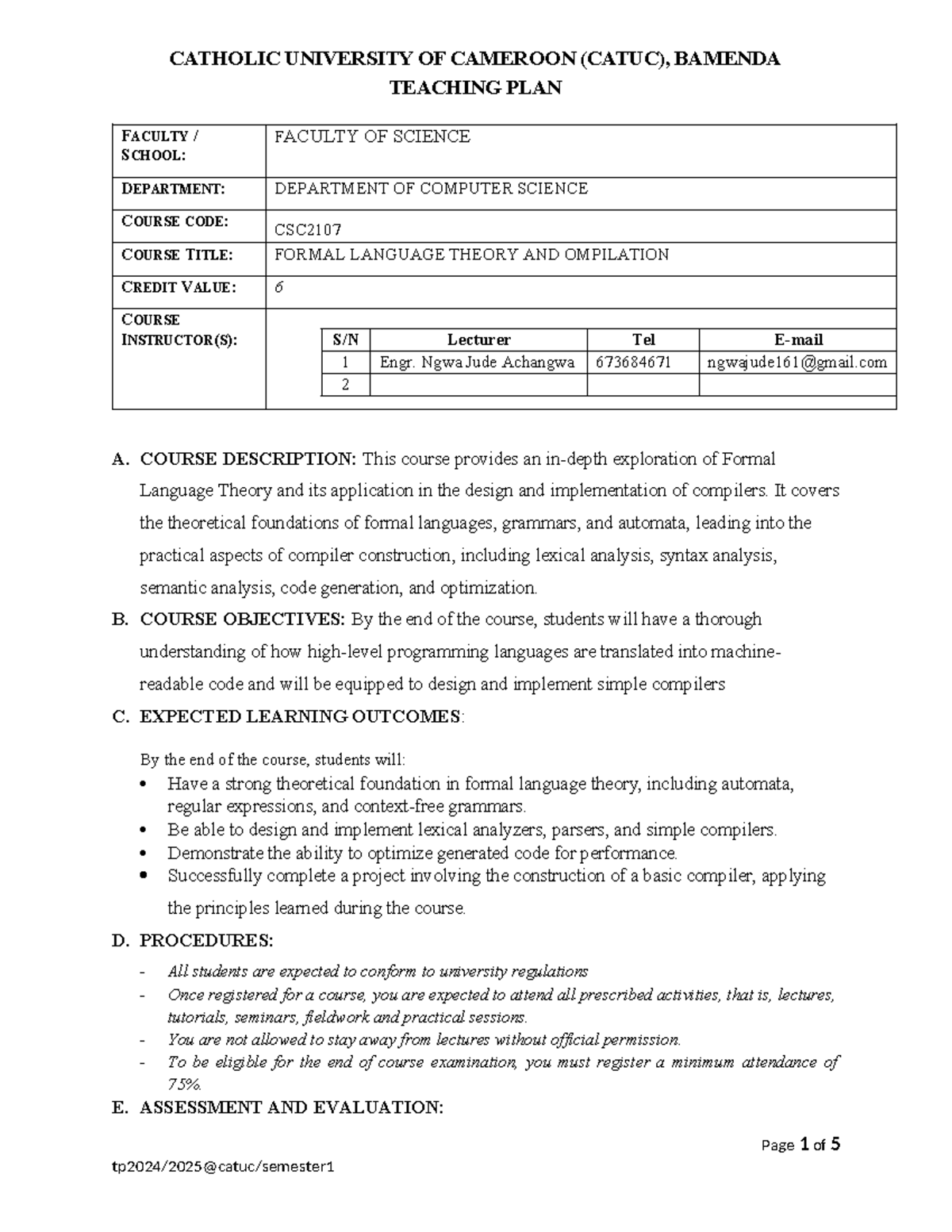 Teaching plan formal language - CATHOLIC UNIVERSITY OF CAMEROON (CATUC ...