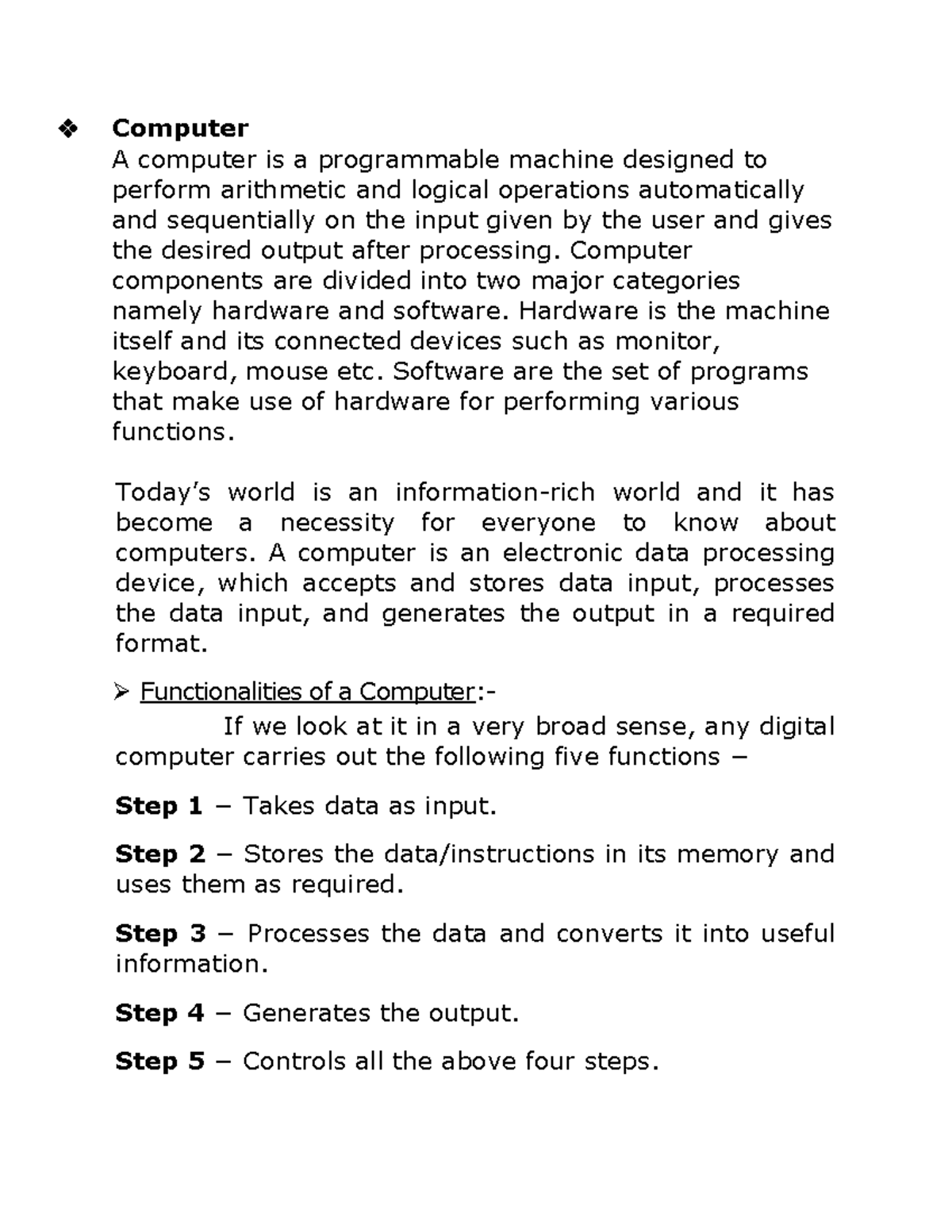 Computer Applications - Computer A computer is a programmable machine designed to perform - Studocu
