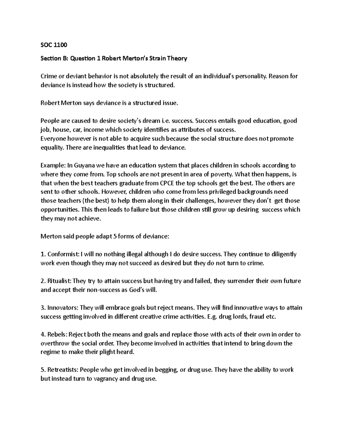 SOC 1100 - rgqergqe - SOC 1100 Section B: Question 1 Robert Merton’s ...