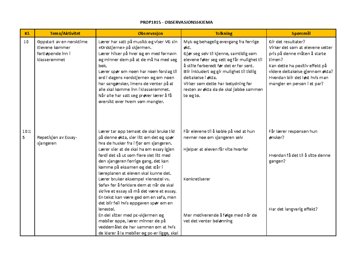 Observasjonsskjema - observere en skoleklasse - PROF1015 ...