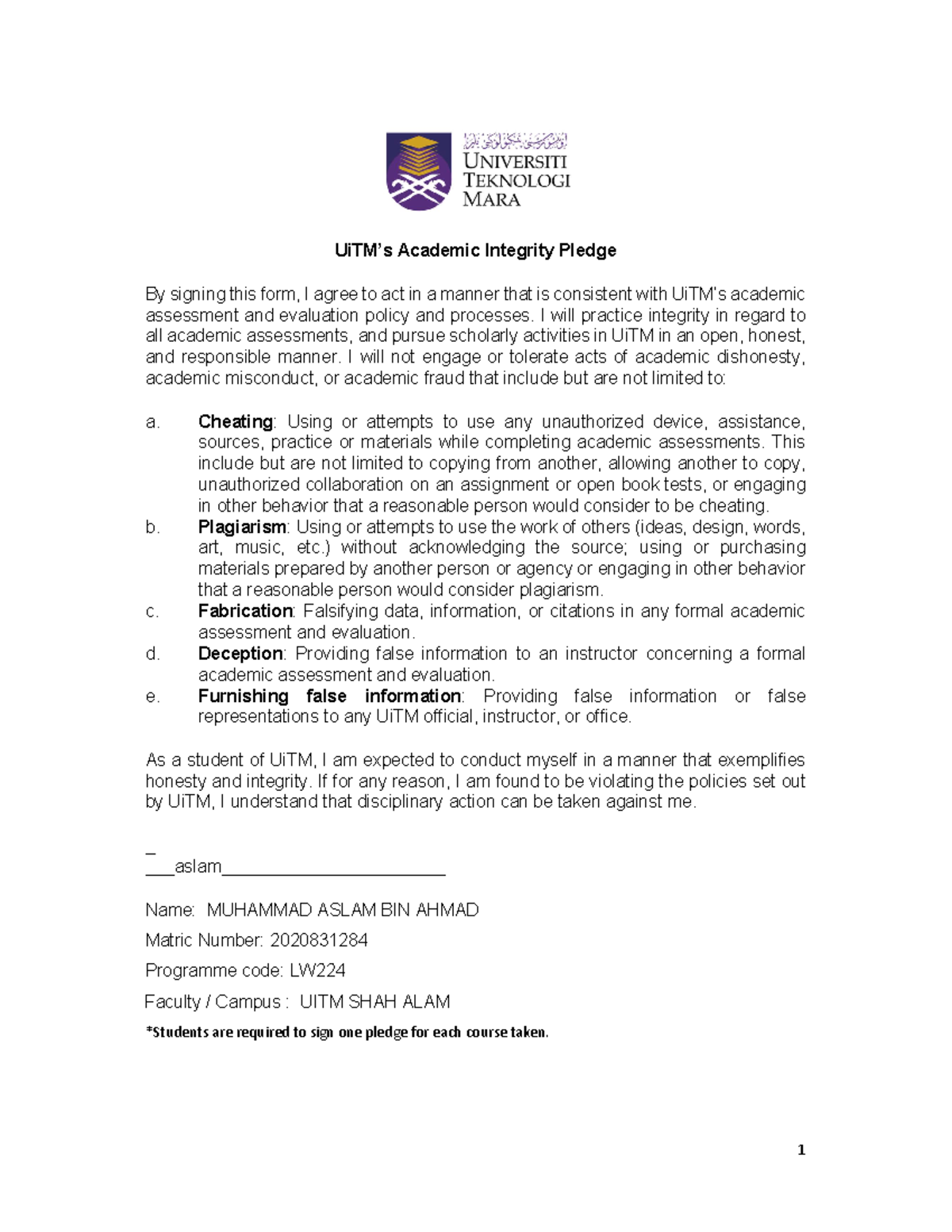 LWB04J Muhammad Aslam BIN Ahmad - UiTM’s Academic Integrity Pledge By ...
