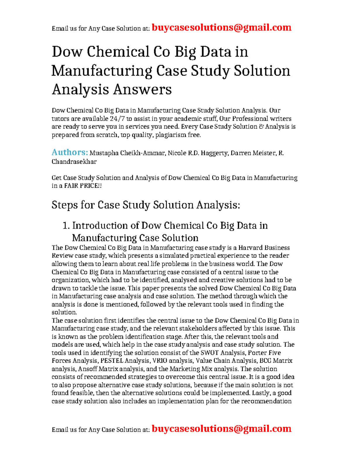 Case Solution Dow Chemical Co Big Data in Manufacturing - Dow Chemical Co Big Data in ...