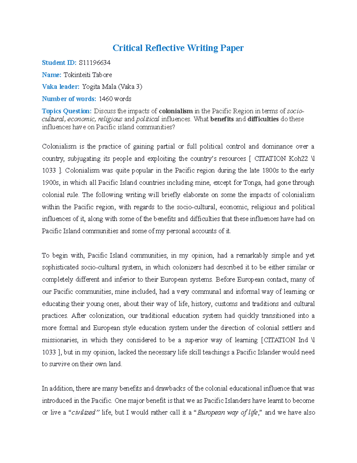 S11196634 Tokinteiti Tabore Critical Reflective Writing Paper ...