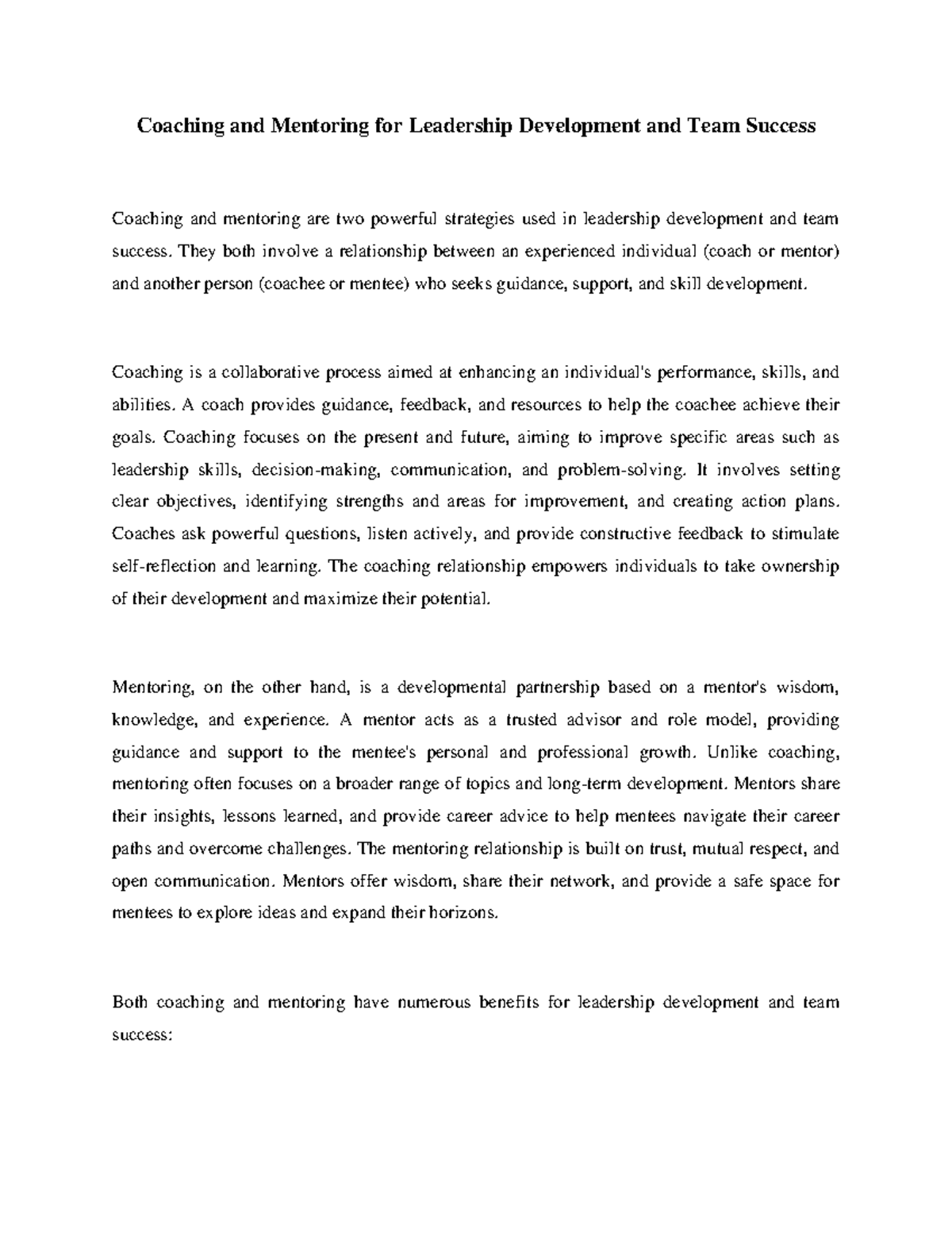 Coaching and Mentoring for Leadership Development and Team Success ...