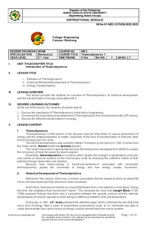 IM4 Thermodynamics - NUEVA VIZCAYA STATE UNIVERSITY Bambang, Nueva ...