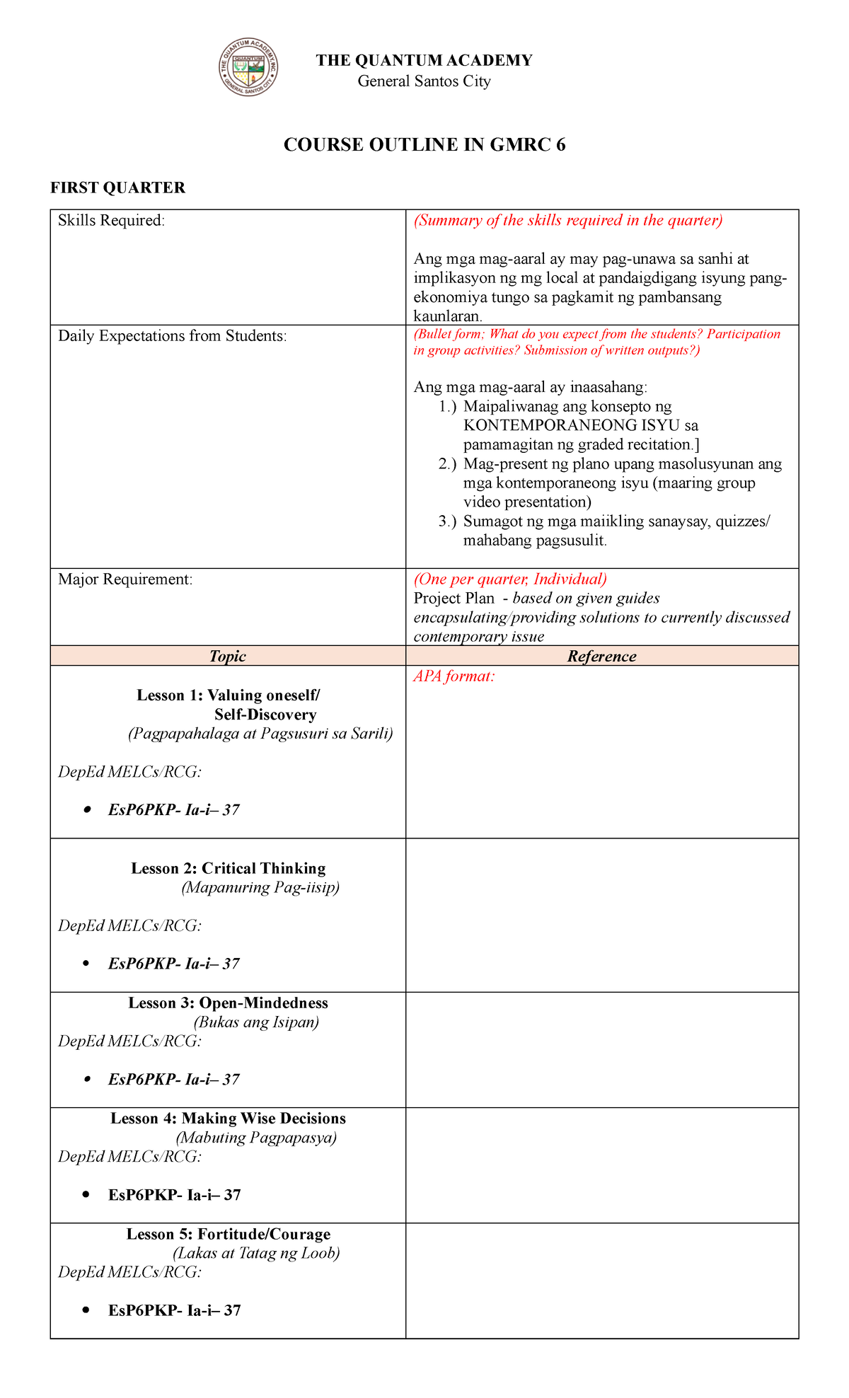 GMRC Values Education 6 Course Outline SY24-25 - THE QUANTUM ACADEMY ...