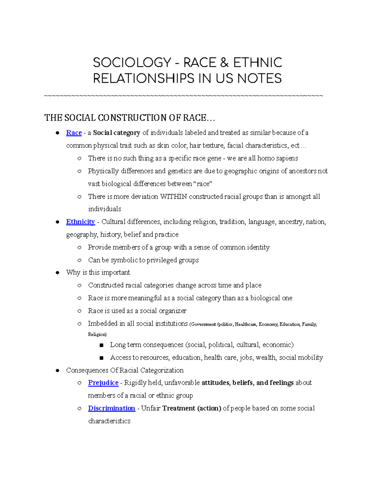 THE Social Construction OF RACE Notes - SOCIOLOGY - RACE & ETHNIC ...