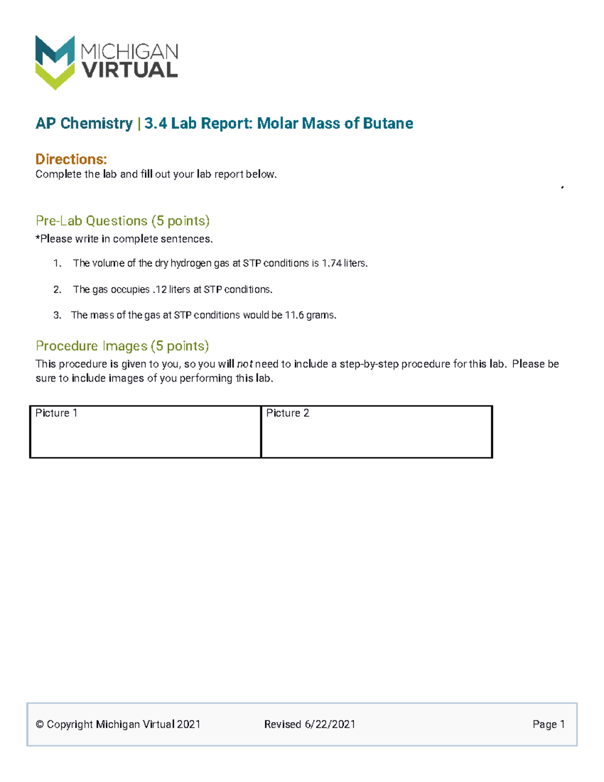 97== - assigment - AP Chemistry | 3 Lab Report: Molar Mass of Butane ...