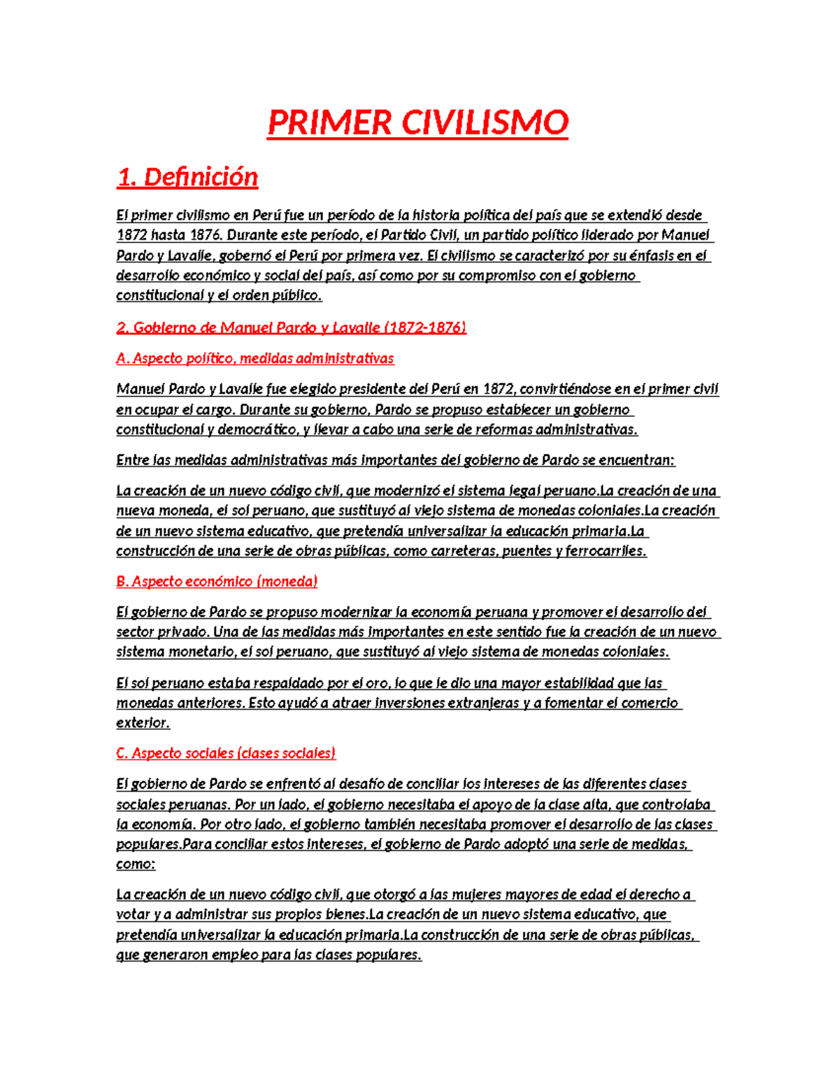 Primer Civilismo - Historia Peruana - PRIMER CIVILISMO 1. Definición El ...