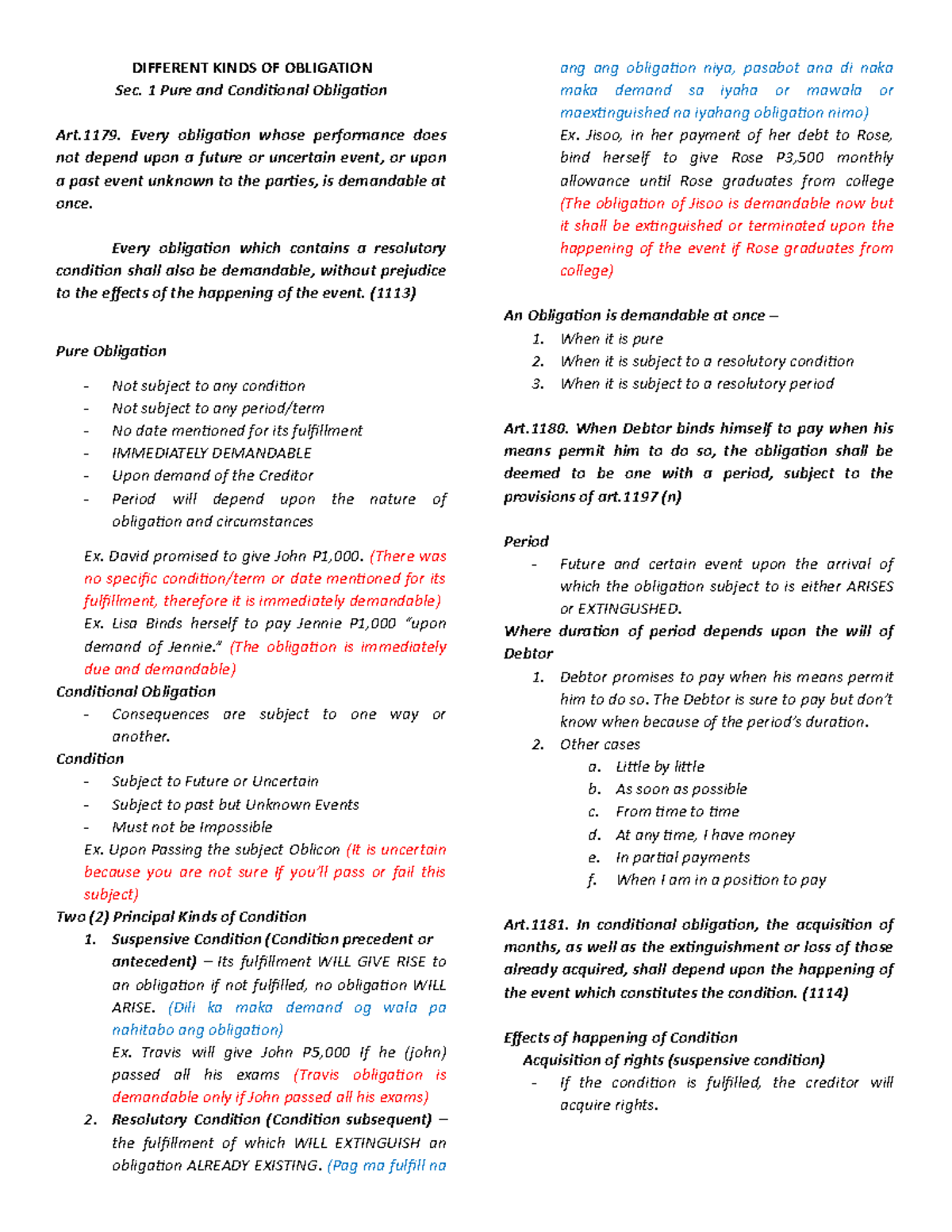 Article 1179-1192 - ...... - DIFFERENT KINDS OF OBLIGATION Sec. 1 Pure ...