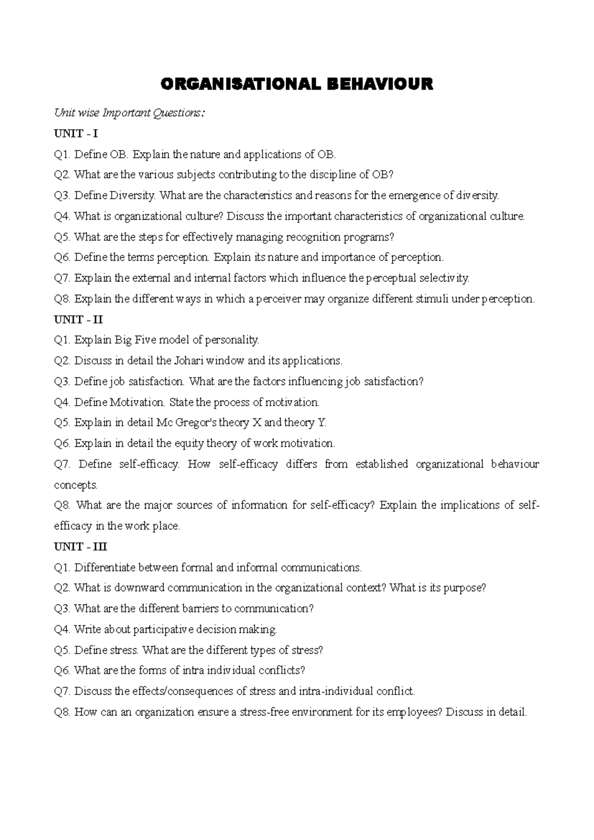 UNIT WISE IMP. Questions - ORGANISATIONAL BEHAVIOUR Unit wise Important Questions: UNIT - I Q1 ...
