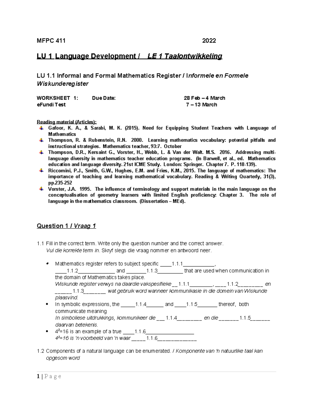2022 MFPC 411 - LU 1.1 + 1.2 - Worksheets Revised - 7 March - MFPC 411 2022 LU 1 Language - Studocu
