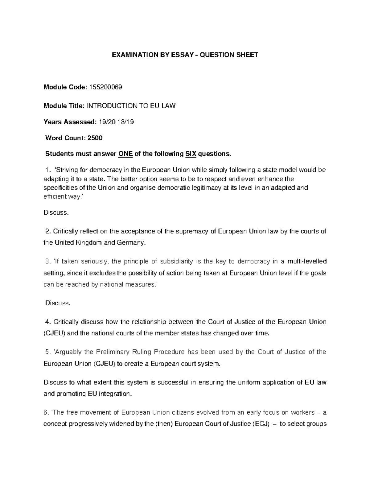 2020 Exmination by Essay titles - EXAMINATION BY ESSAY - QUESTION SHEET ...