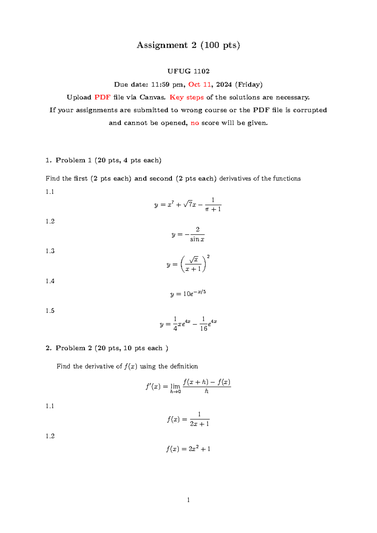 Math 1012 - assignment2 - Assignment 2 (100 pts) UFUG 1102 Due date: 11:59 pm, Oct 11, 2024 ...