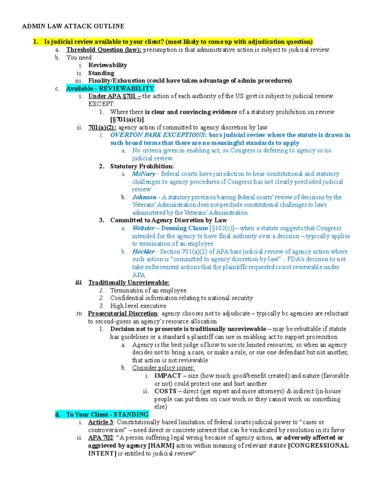 Admin LAW Attack Outline - ADMIN LAW ATTACK OUTLINE Is judicial review available to your client ...