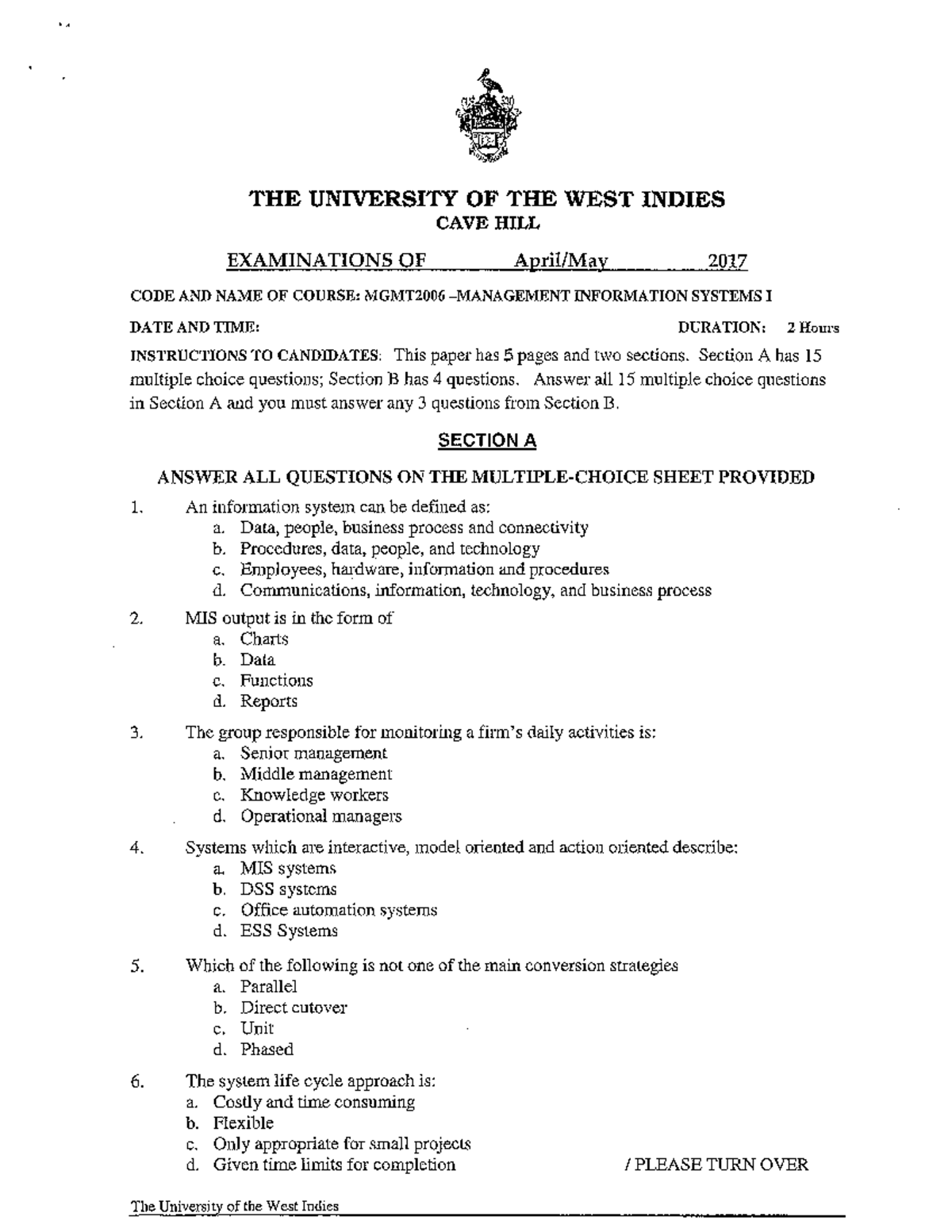 MGMT2006 201720 - p[ast paper - THE UNIVERSITY OF THE WEST INDIES CAVE ...