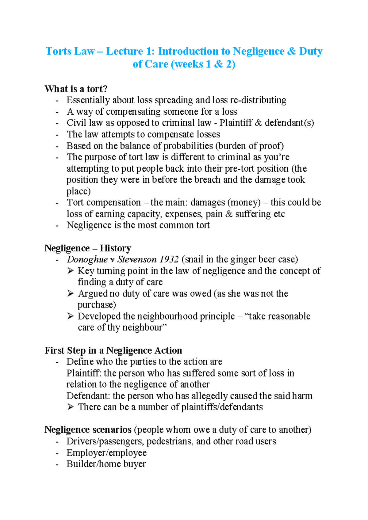 Torts Law - Topic 1 - Torts Law – Lecture 1: Introduction to Negligence ...