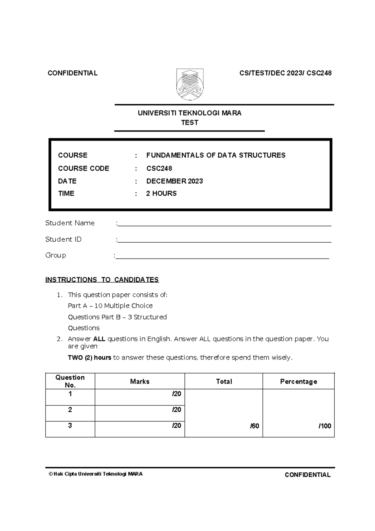 TEST CSC248 OCT2023 Question - UNIVERSITI TEKNOLOGI MARA TEST COURSE ...