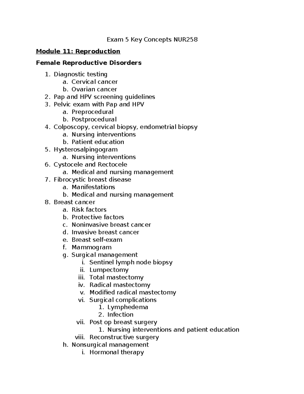 NUR258 Exam 5 Key Concepts - Exam 5 Key Concepts NUR Module 11 ...
