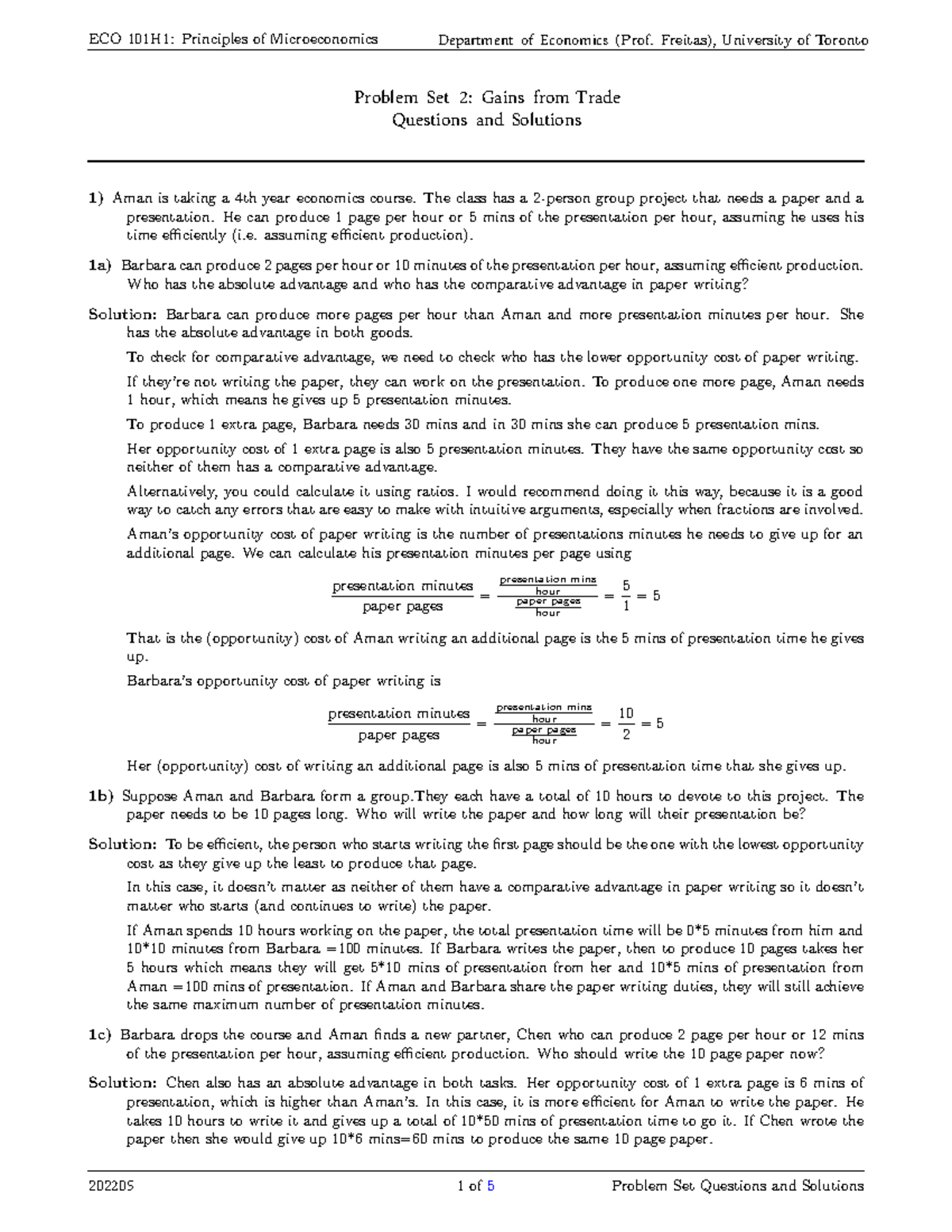 Eco101 Problem Set 2 Solutions Gains From Trade Problem Set 2
