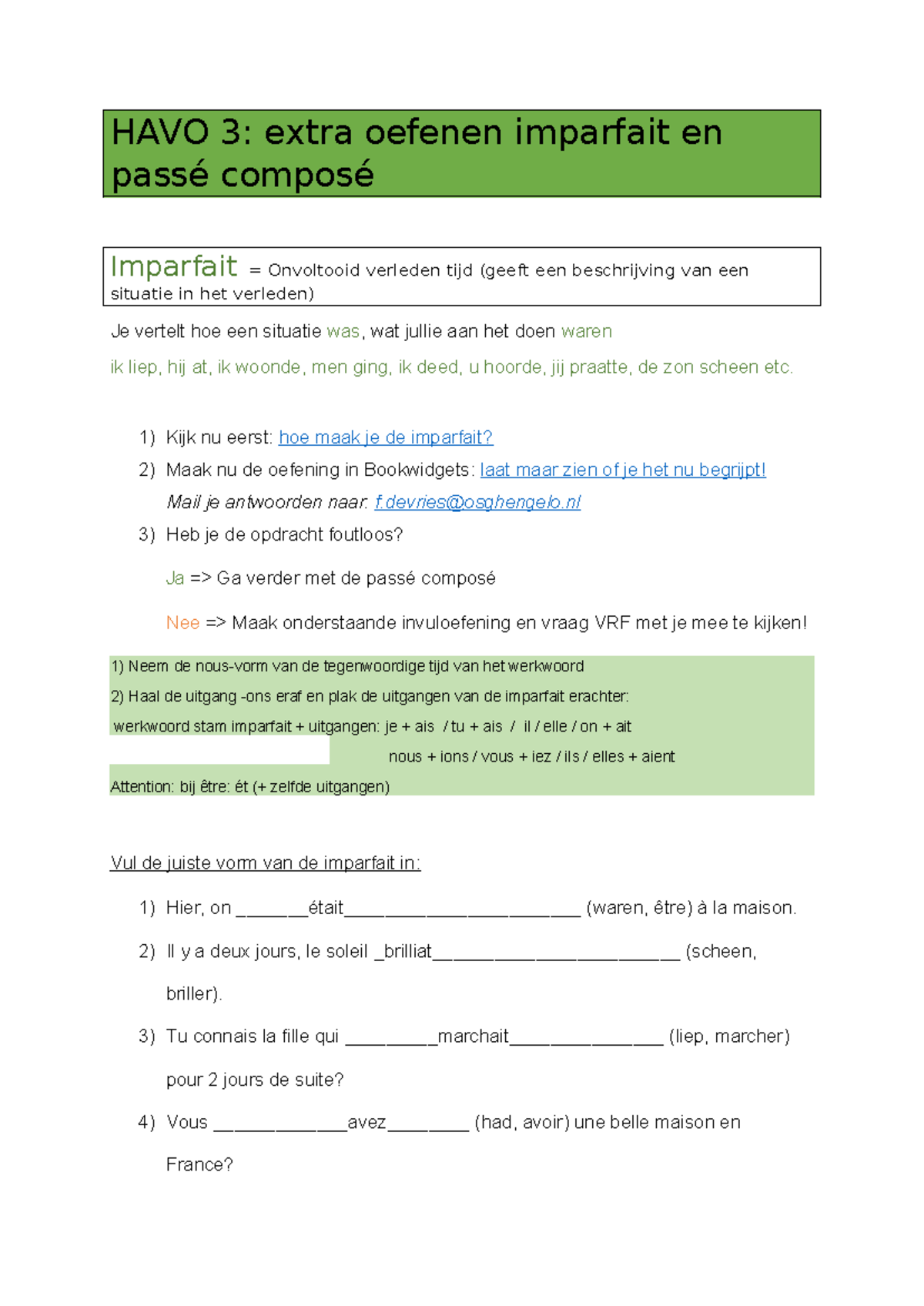 Extra oefening période 1 imparfait-passé composé - HAVO 3: extra oefenen imparfait en passé ...