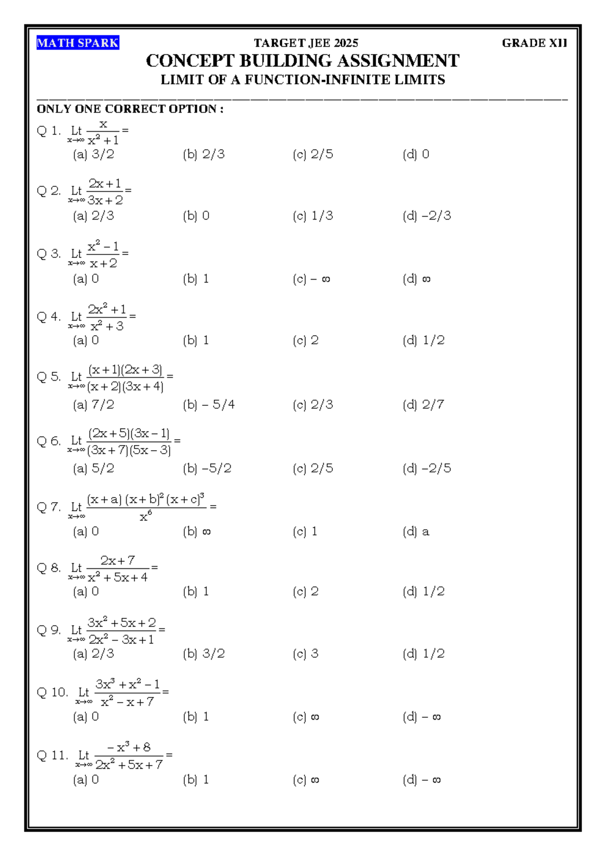 Infinite Limits - u6tugetuyg - CONCEPT BUILDING ASSIGNMENT LIMIT OF A FUNCTION-INFINITE LIMITS ...