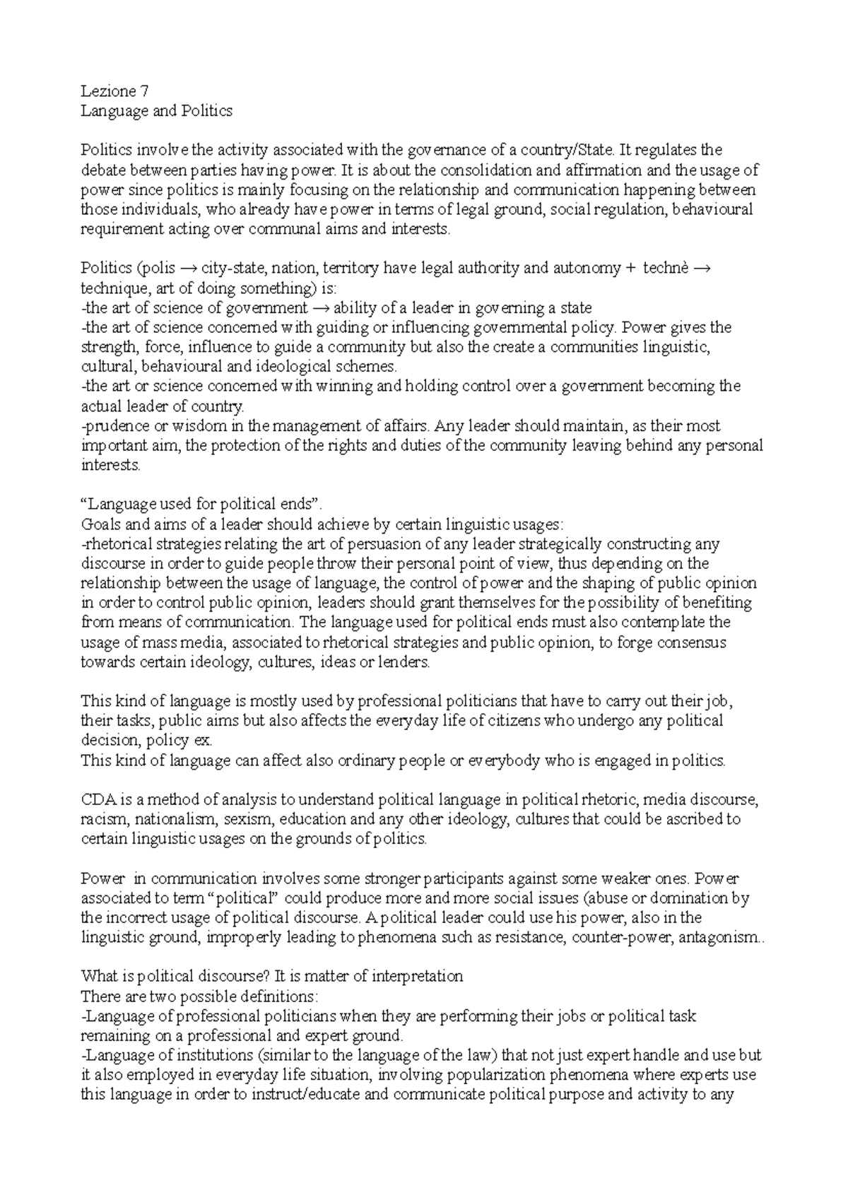 Language and politics - il linguaggio politico - Lezione 7 Language and ...