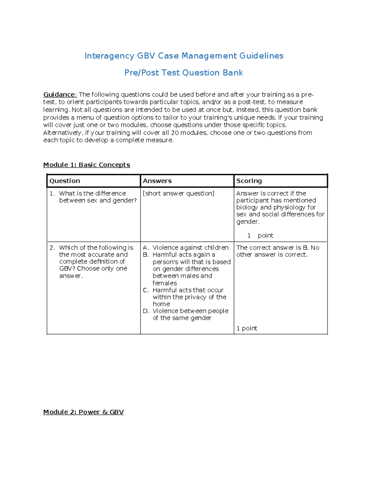 Interagency GBV CM Guidelines Pre Post Test Question Bank Final ...