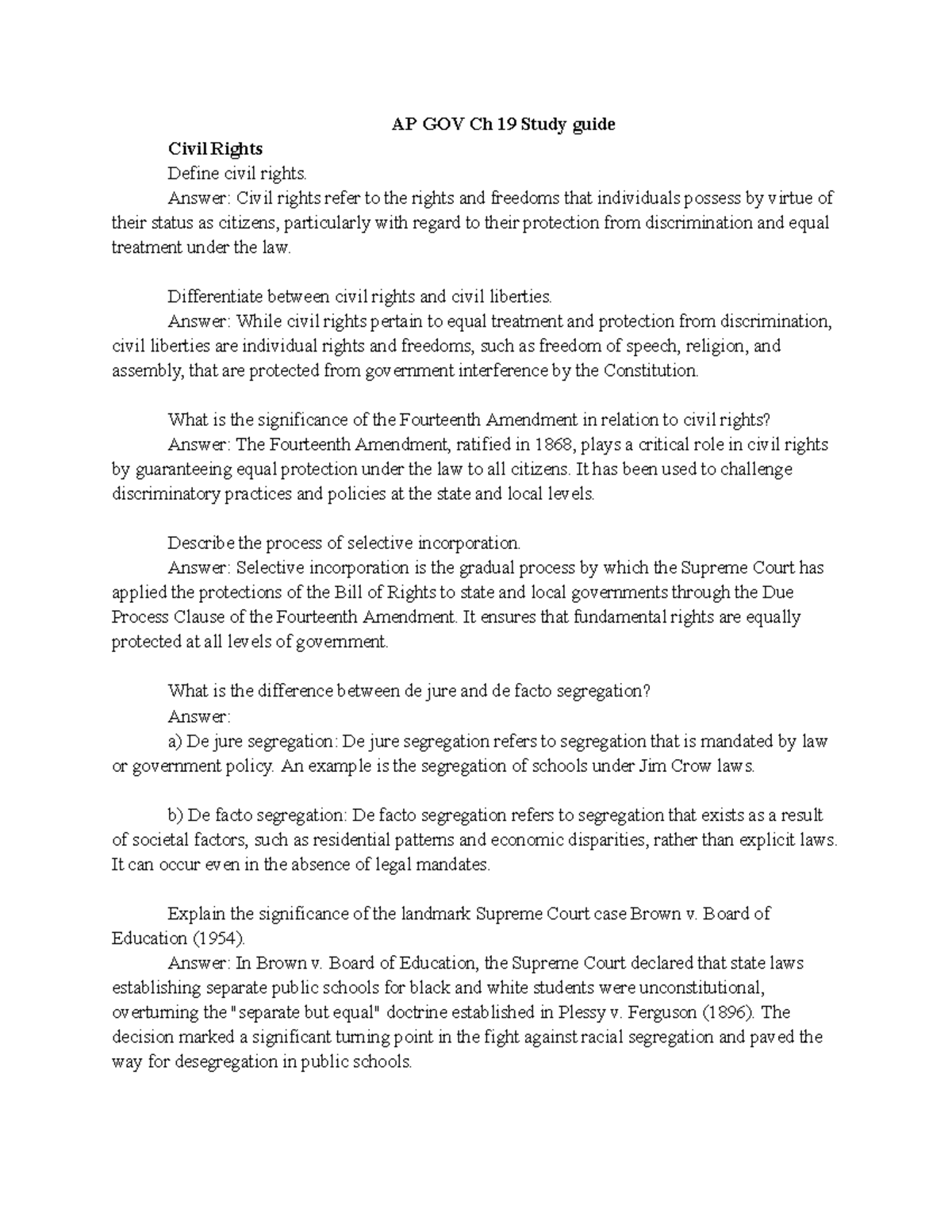 AP GOV Ch 19 Study guide - AP GOV Ch 19 Study guide Civil Rights Define ...