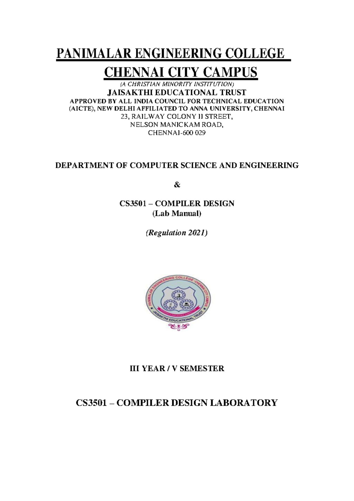 CS3501- Compiler Design - PANIMALAR ENGINEERING COLLEGE CHENNAI CITY CAMPUS (A CHRISTIAN ...