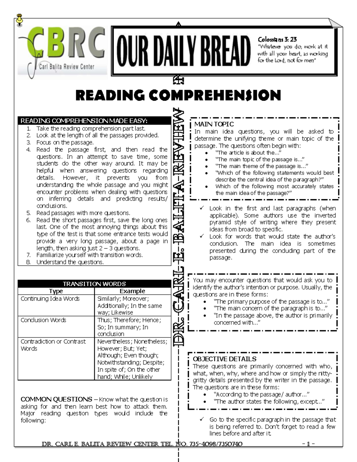Reading-Comprehension (Review Notes) - DR. CARL E. BALITA REVIEW CENTER ...