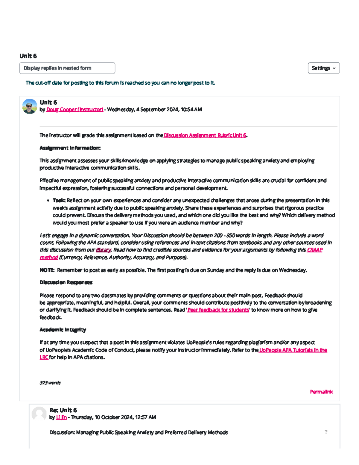 Com2001-discussion 6(EM) - Unit 6 Display replies in nested form Settings The cut-o date for ...