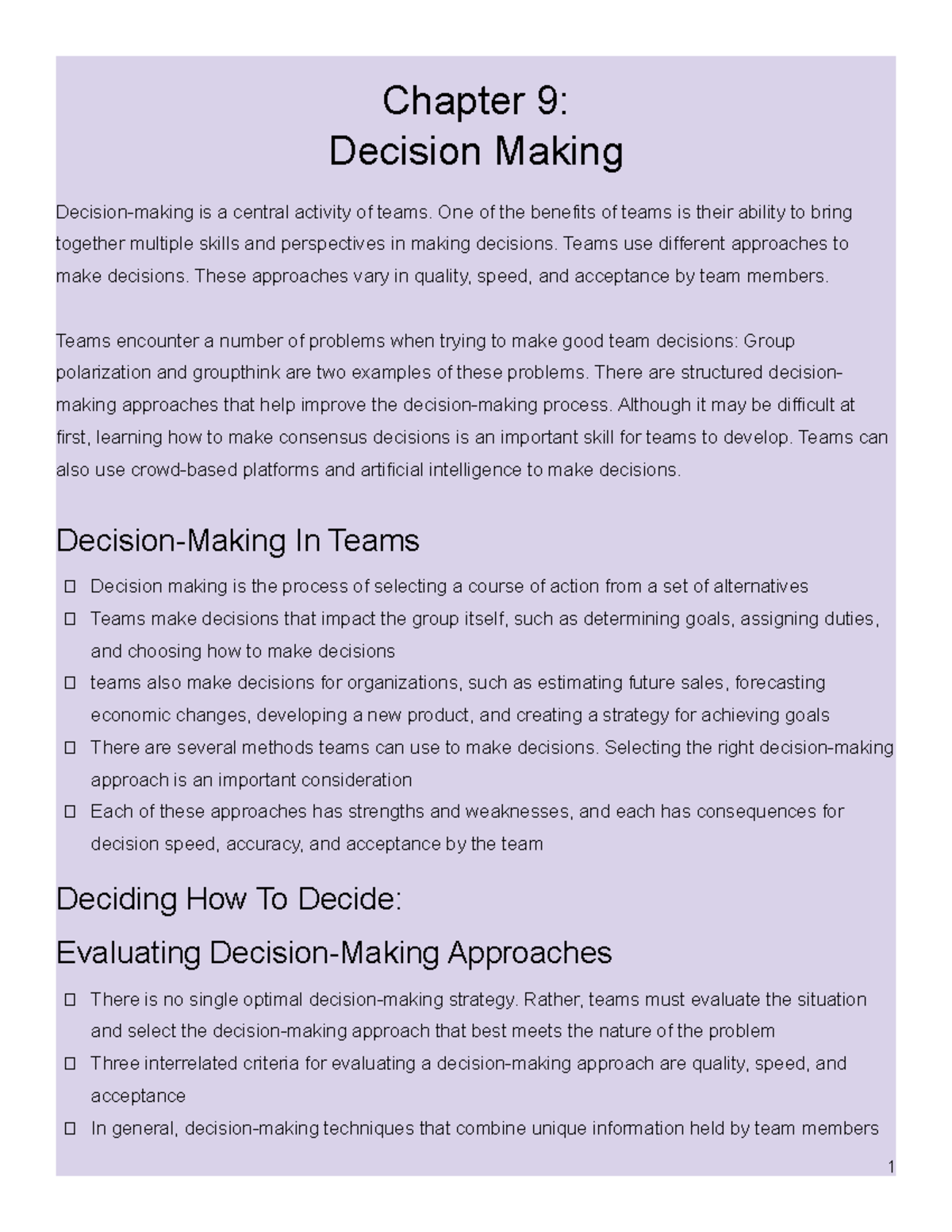 Chapter 9 Decision Making - Chapter 9: Decision Making Decision-making ...