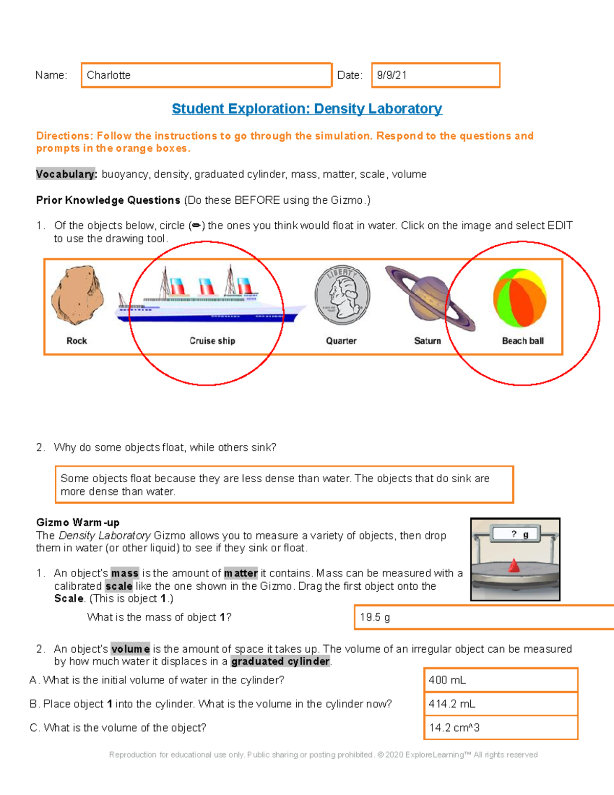 Unit 1 Properties of Matter Density Lab SE 21 22 - Name: Charlotte Date ...