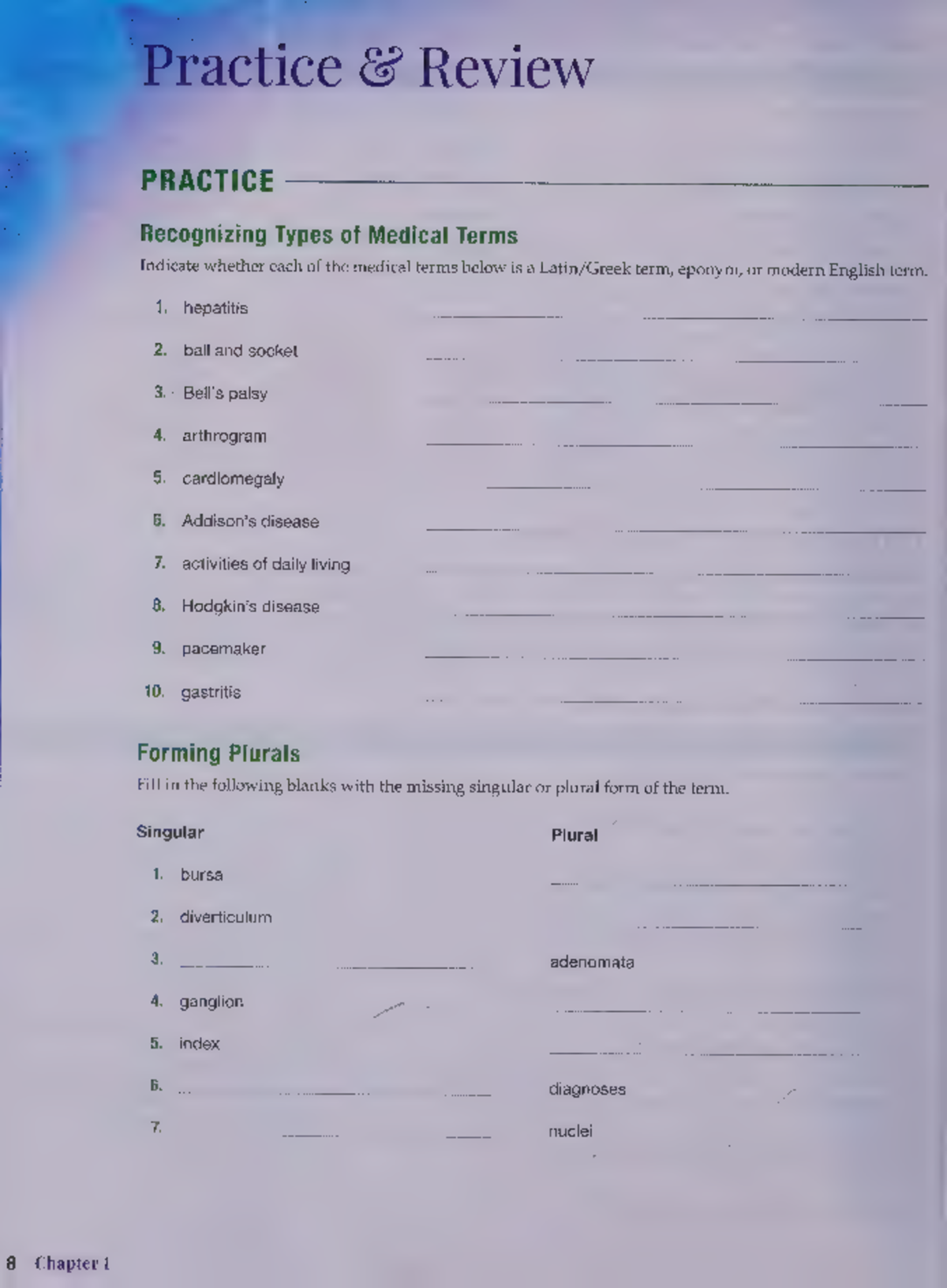 CH 1 Practice - med term - ce & Review PRACTICE Recognizing Types of Medical Terms Indicate ...