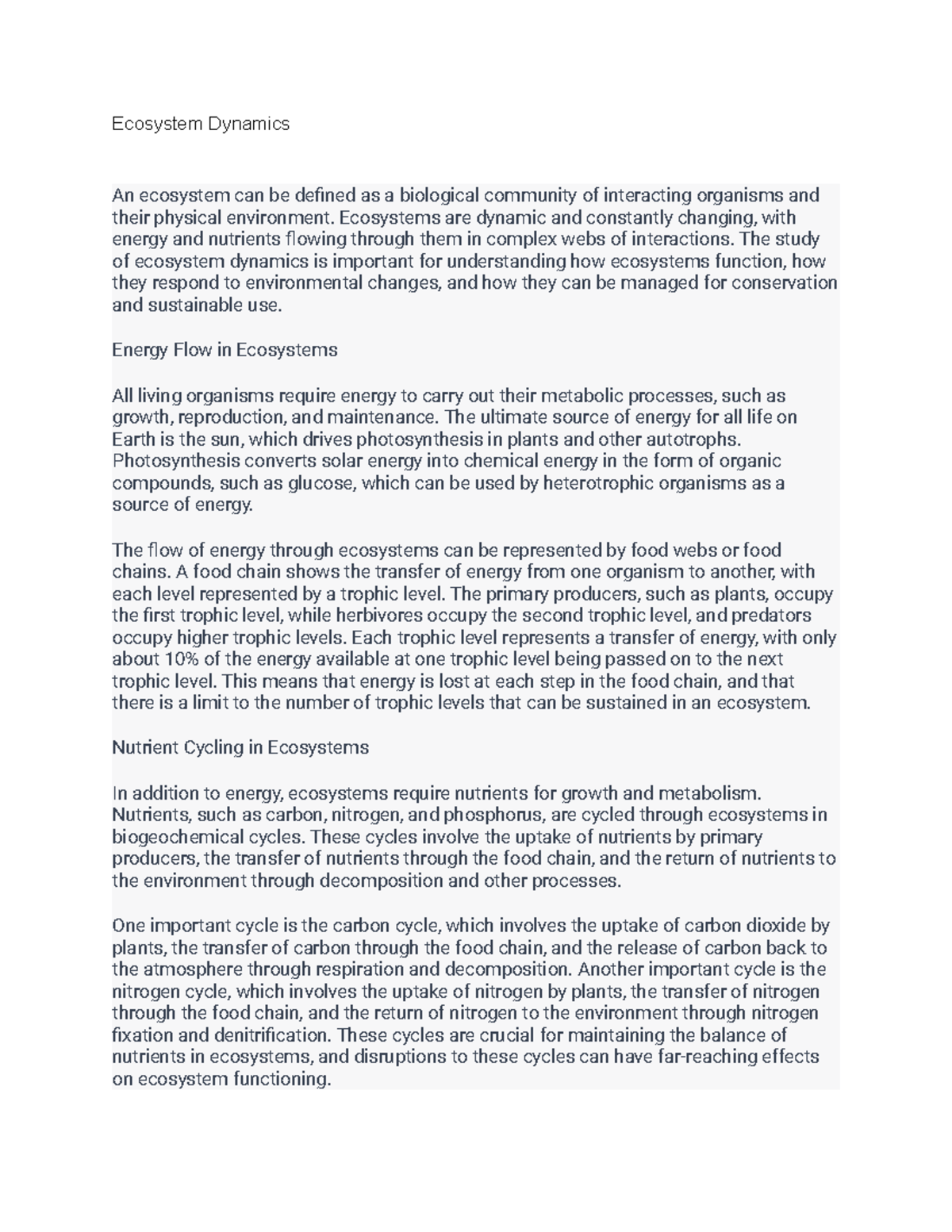 Ecosystem Dynamics notes - Ecosystem Dynamics An ecosystem can be ...