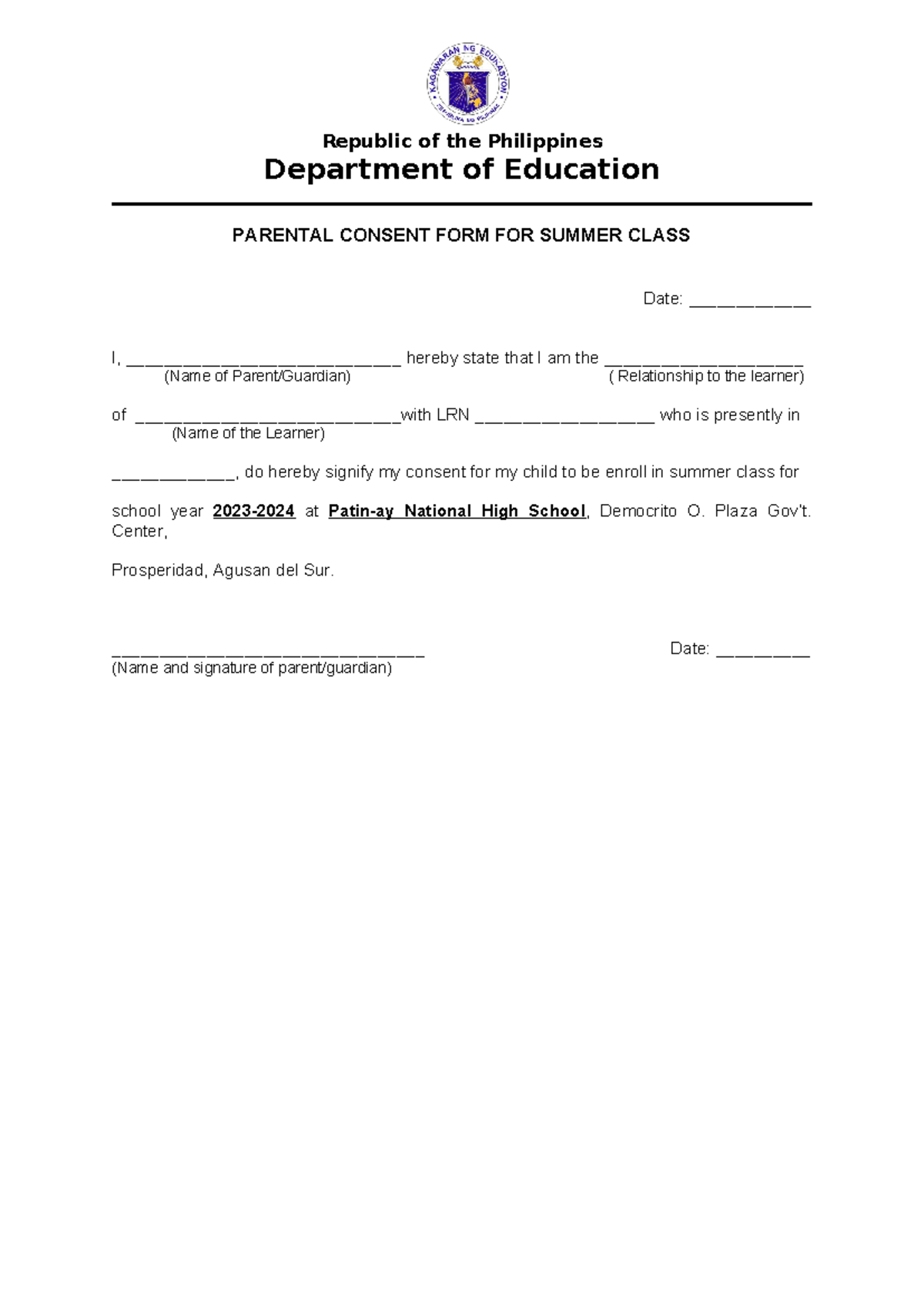 Parental consent form for summer class - Republic of the Philippines ...