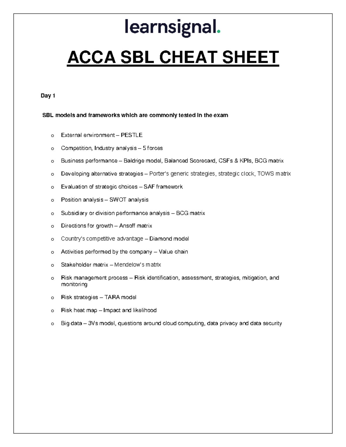 SBL tips - sbl tips to pass - ACCA SBL CHEAT SHEET Day 1 SBL models and frameworks which are ...