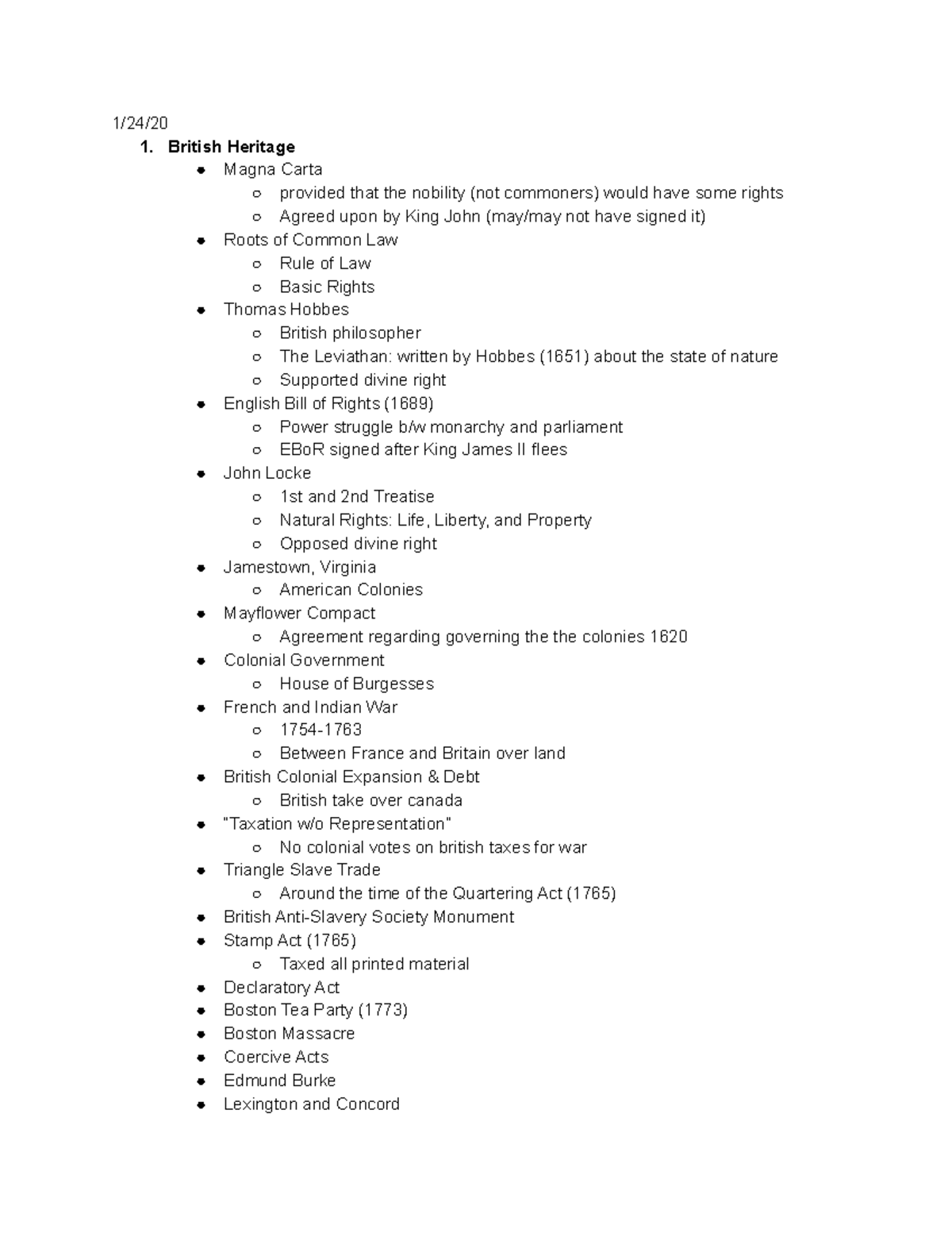 POLS 1 - Lecture notes Spring 2020 - 1/24/ British Heritage Magna Carta ...