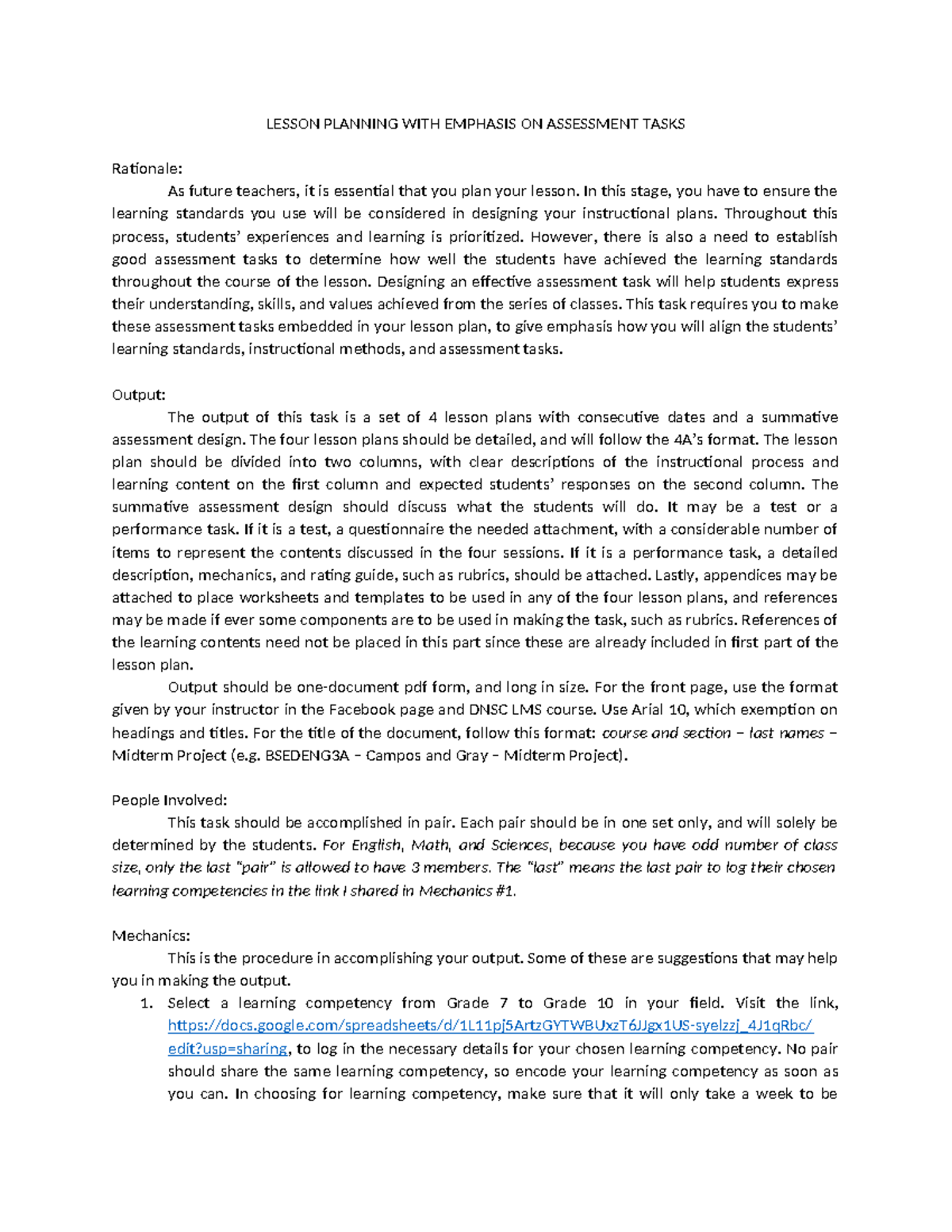 Lesson Planning WITH Emphasis ON Assessment Tasks - LESSON PLANNING ...