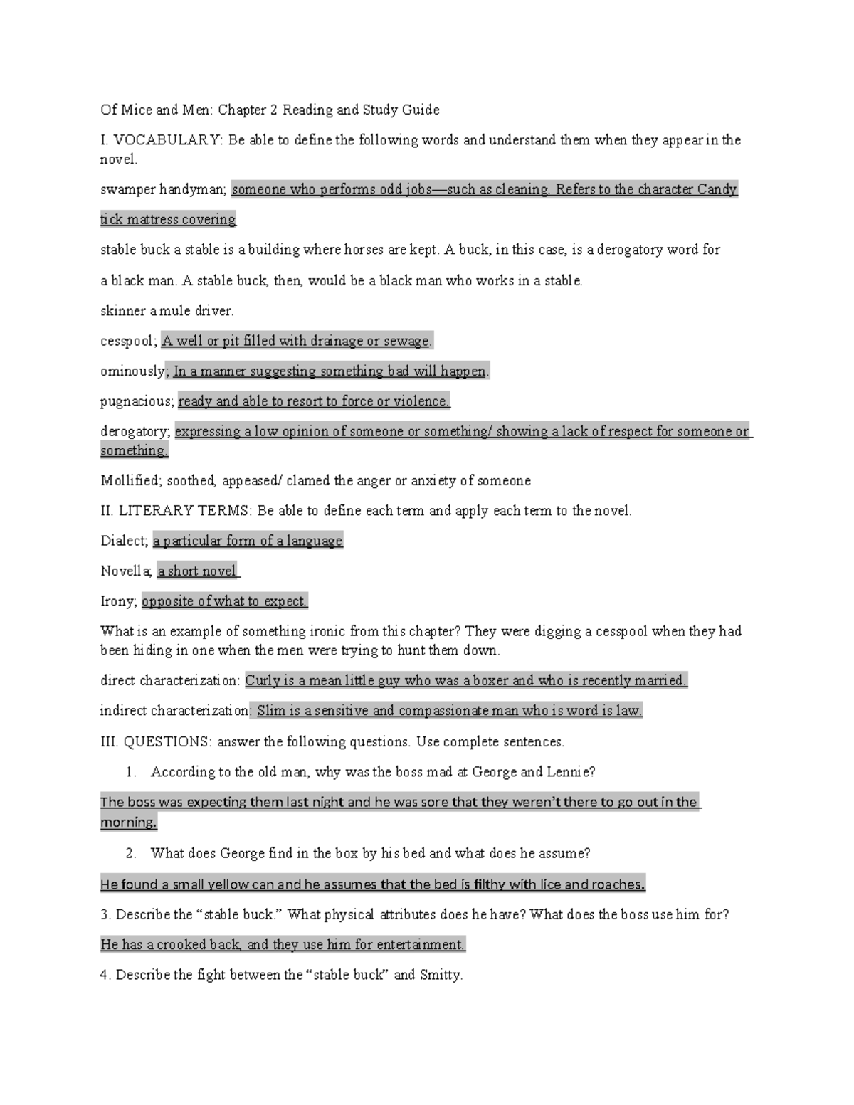 OMAM-Chapter 2a - Of Mice and Men: Chapter 2 Reading and Study Guide I ...