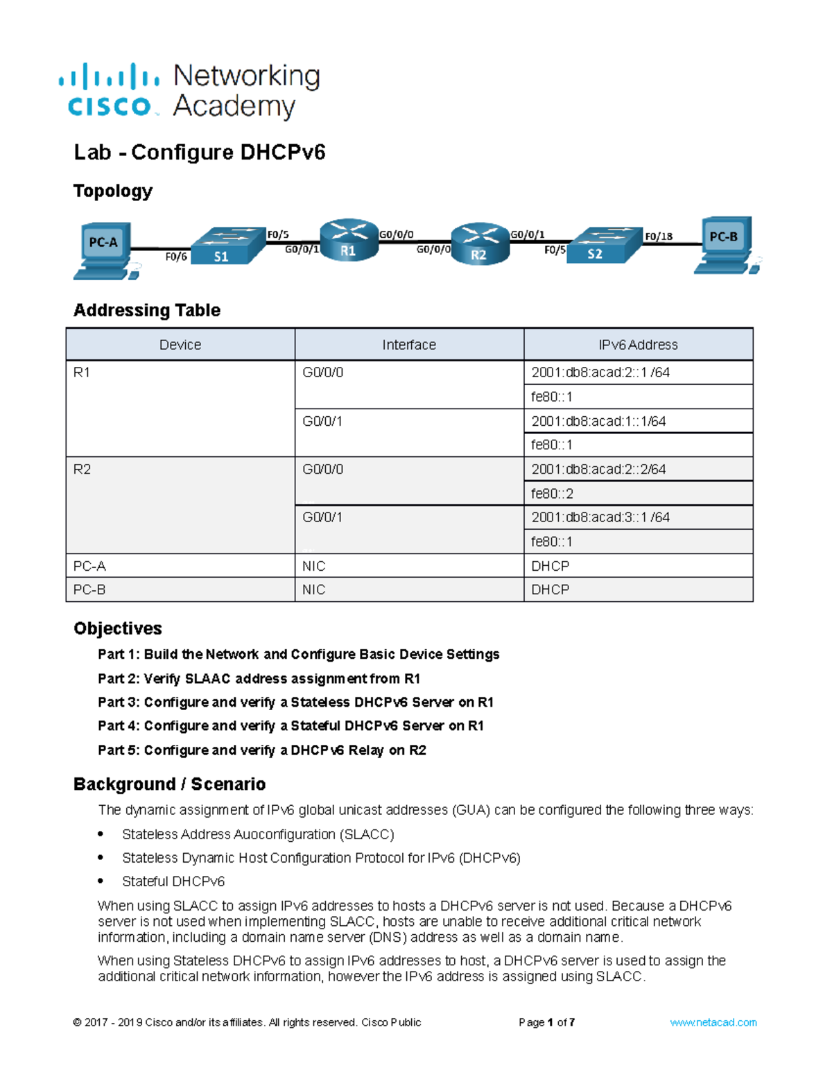 Lab 6 - Configure DHCPv 6 - Topology Addressing Table Device Interface ...