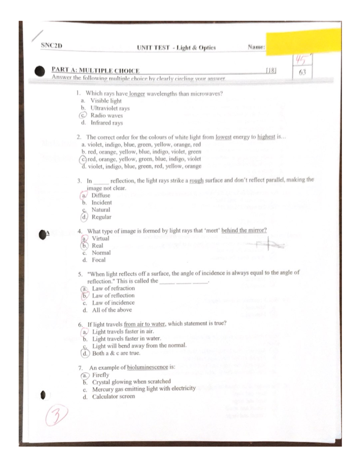 Light And Optics Grade 10 UNIT TEST SNC2D Studocu