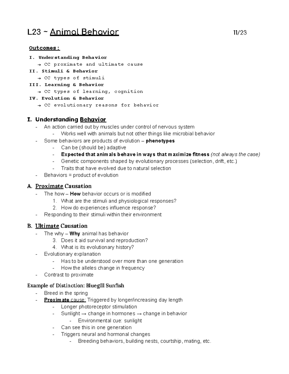 Lecture 23- Animal Behavior - L23 ~ Animal Behavior 11/ Outcomes: I ...