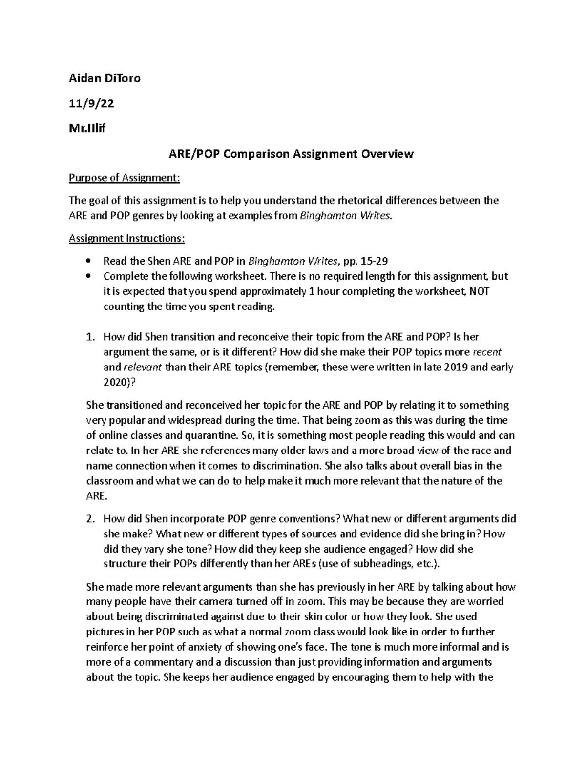 ARE-POP Comparison Assignment - Aidan DiToro 11/9/ Mr ARE/POP ...