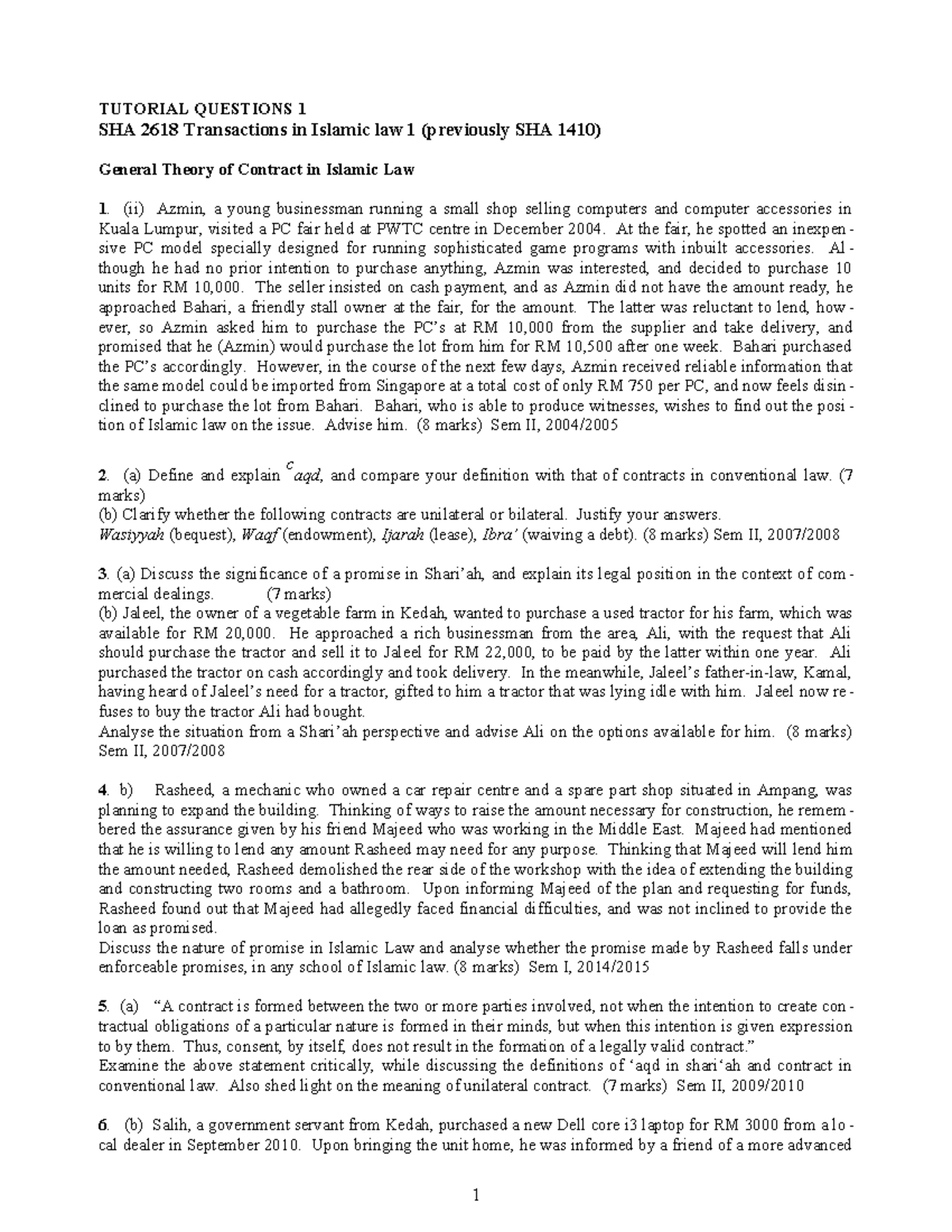 SHA 2618 Tutorial questions 1 Oct20 - TUTORIAL QUESTIONS 1 SHA 2618 Transactions in Islamic law ...